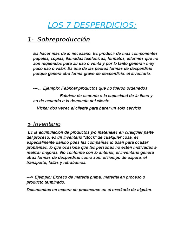 Los 7 Desperdicios En Empresas Pdf Inventario Transporte