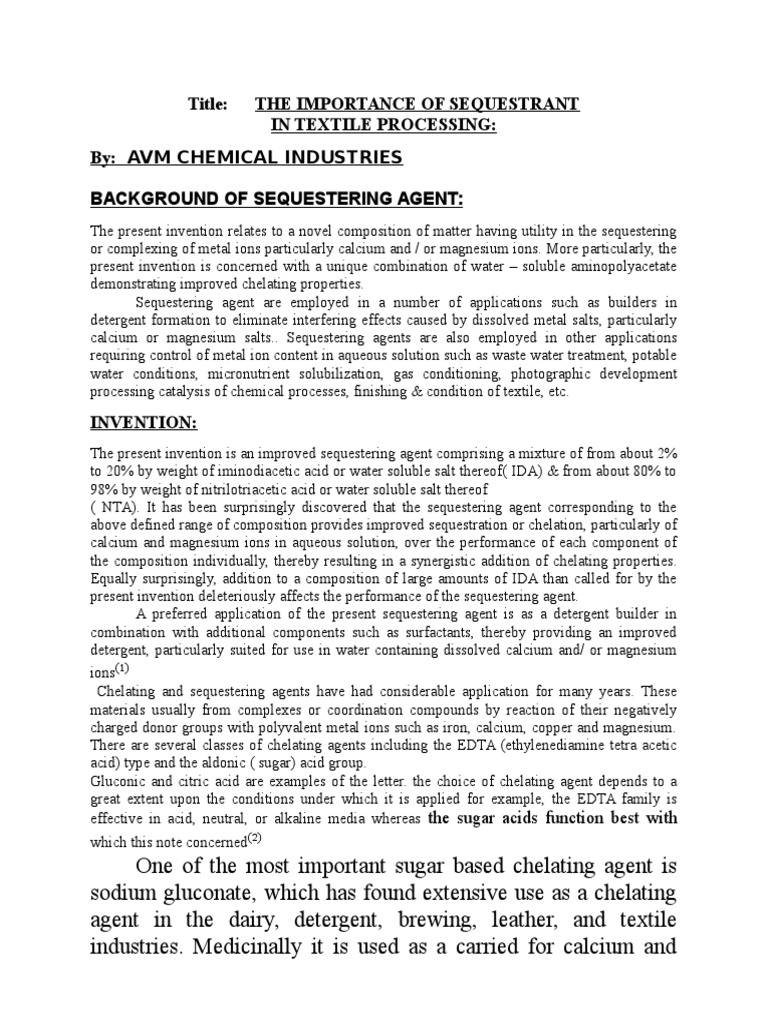 Importance of Sequestering Agent in Textile Proc 1 | PDF | Chelation ... Importance of Sequestering Agent in Textile Proc 1 | PDF | Chelation ...