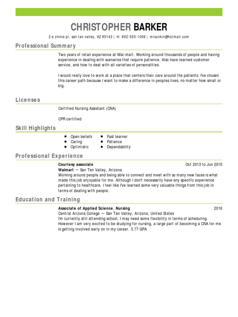 CNA Resume of Christopher Barker | PDF | Self-Improvement
