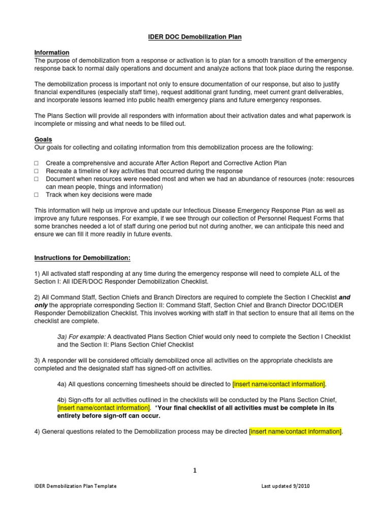 2. Demobilization Plan Template | Microsoft Excel | Email