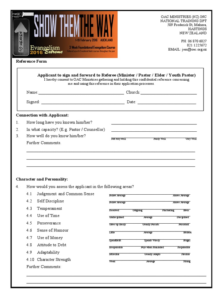 Reference Form Applicant To Sign and Forward To Referee (Minister / Pastor / Elder / Youth ...