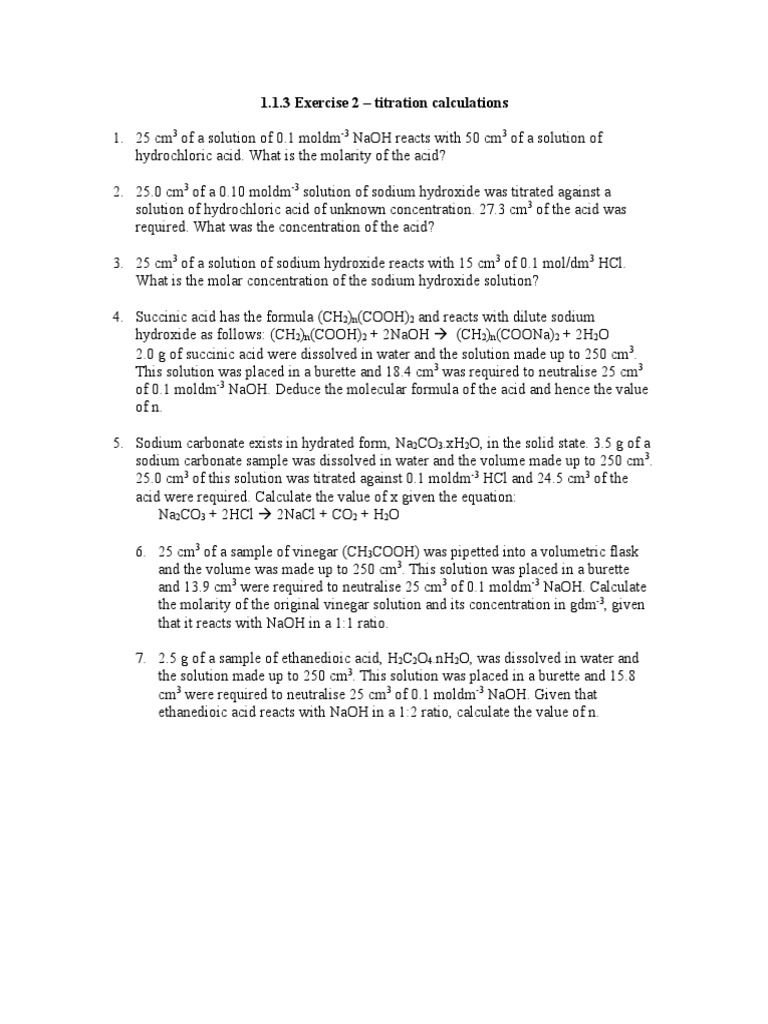 Titration Calculations Practice Worksheet | PDF