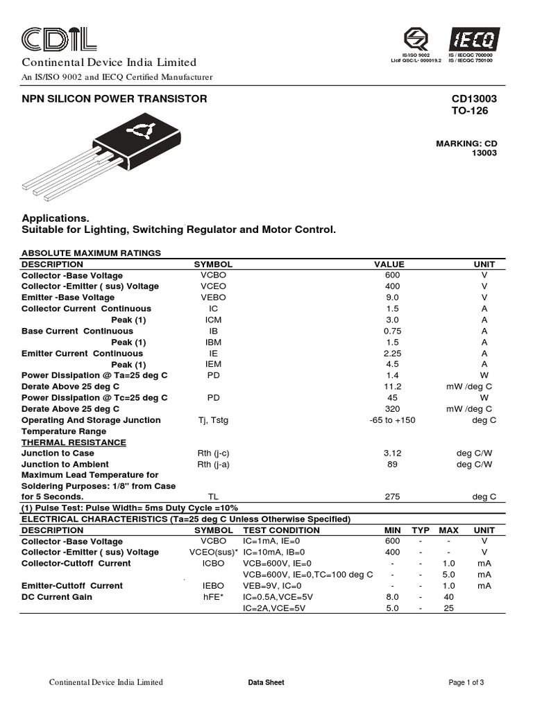 d13003 Datasheet | PDF | Bipolar Junction Transistor | Electronics