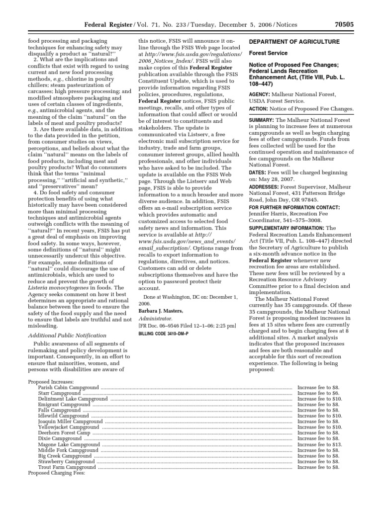 Notice: Recreation Fee Areas: Malheur National Forest, OR Campground ...