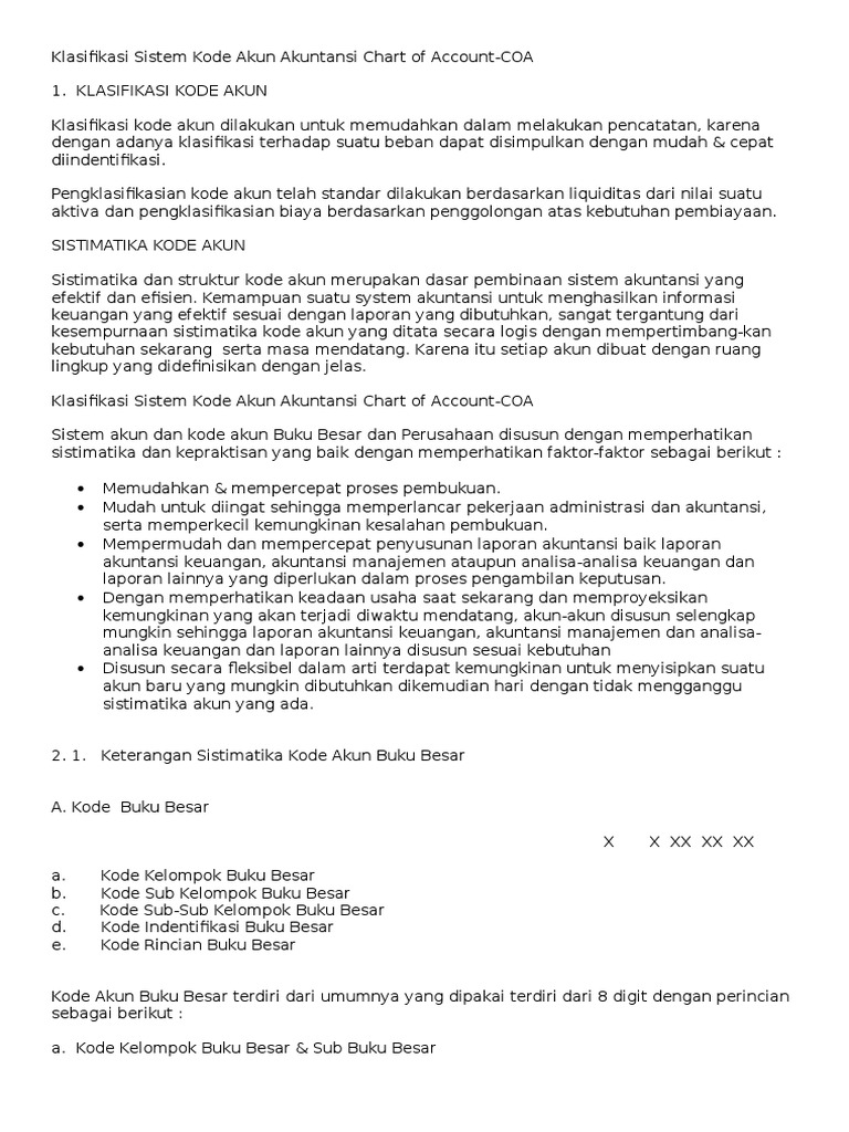 Klasifikasi Sistem Kode Akun Akuntansi Chart of Account | PDF