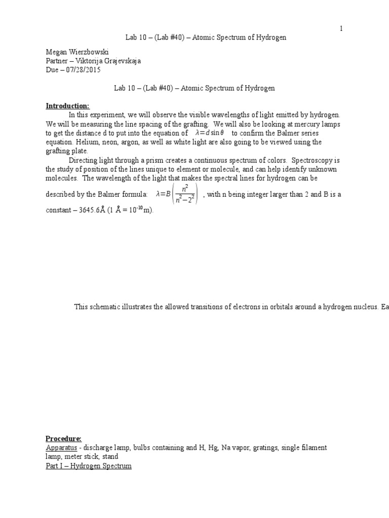 Hydrogen Atomic Spectrum Lab Pdf Emission Spectrum