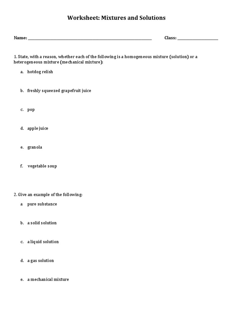 Mixtures and Solutions Worksheet | PDF | Solution | Mixture