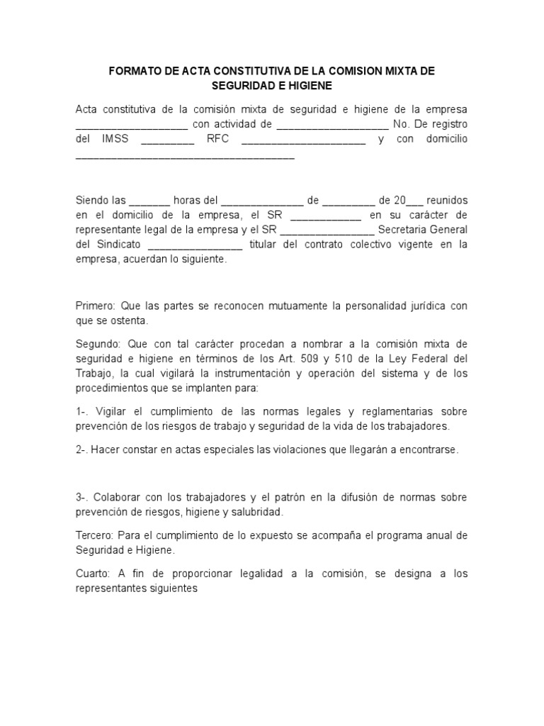 Formato de Acta Constitutiva de La Comision Mixta de Seguridad e Higiene | PDF | Gobierno | Justicia