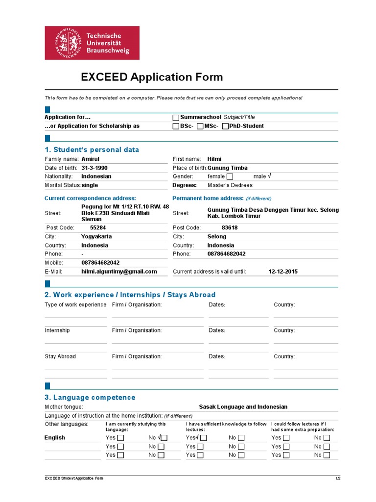 EXCEED Application Form: 1. Student S Personal Data | PDF | Academia ...