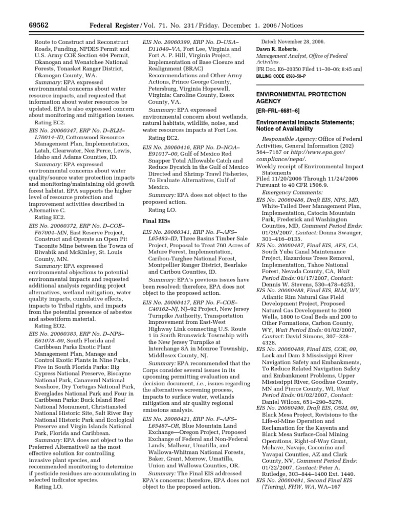 Notice: Environmental Statements Availability, Etc.: Agency Weekly ...