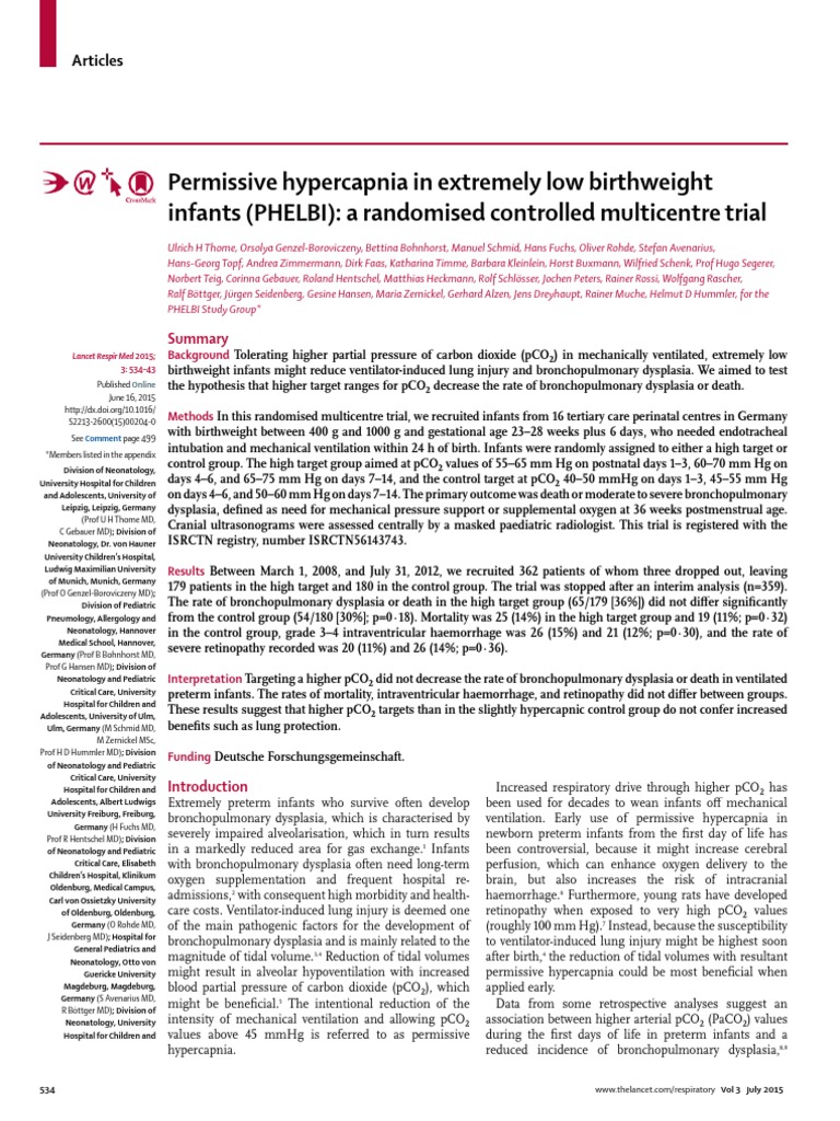 Permissive Hypercapnia in Extremely Low Birthweight Infants (PHELBI ...