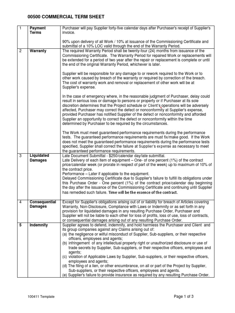Procurement Commercial Term Sheet | PDF | Indemnity | Insurance