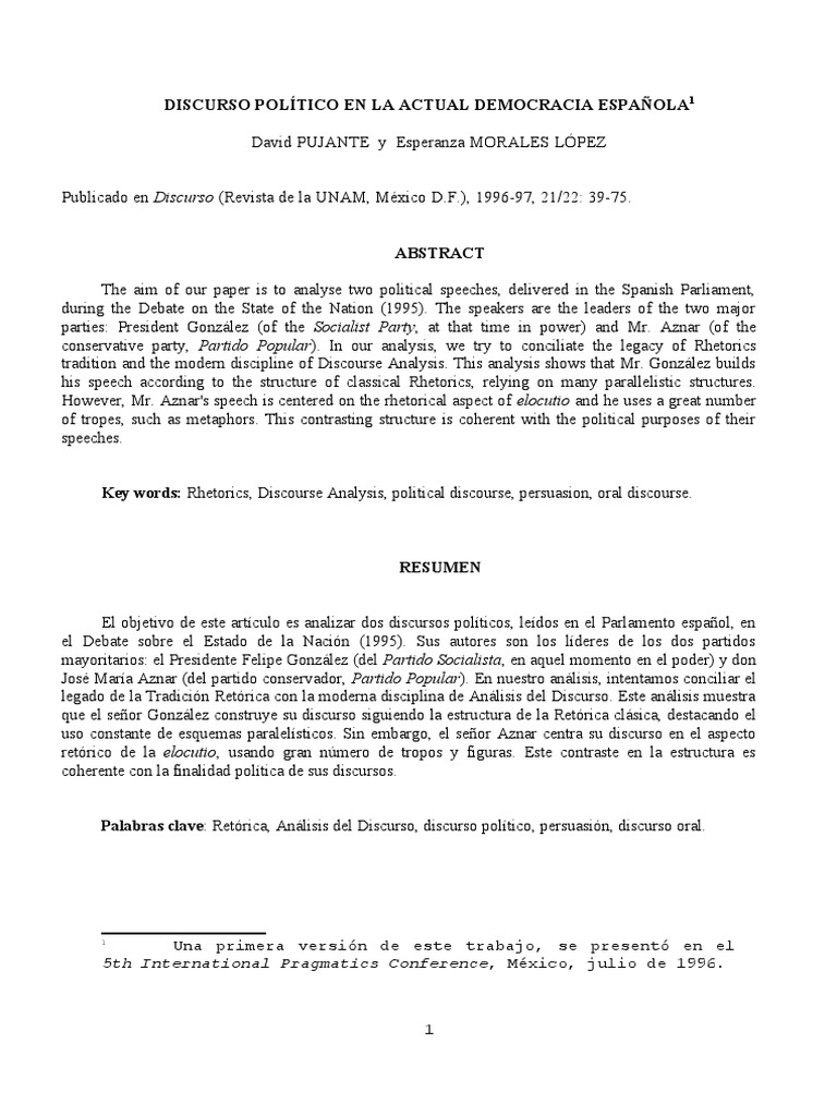 Discurso Político En La Actual Democracia Española Pdf Retórica