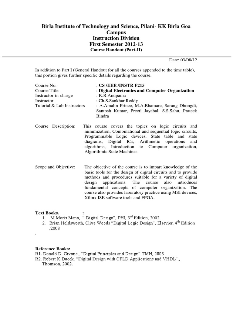 Digital Design EEE F215 Handout | PDF | Hardware Description Language ...