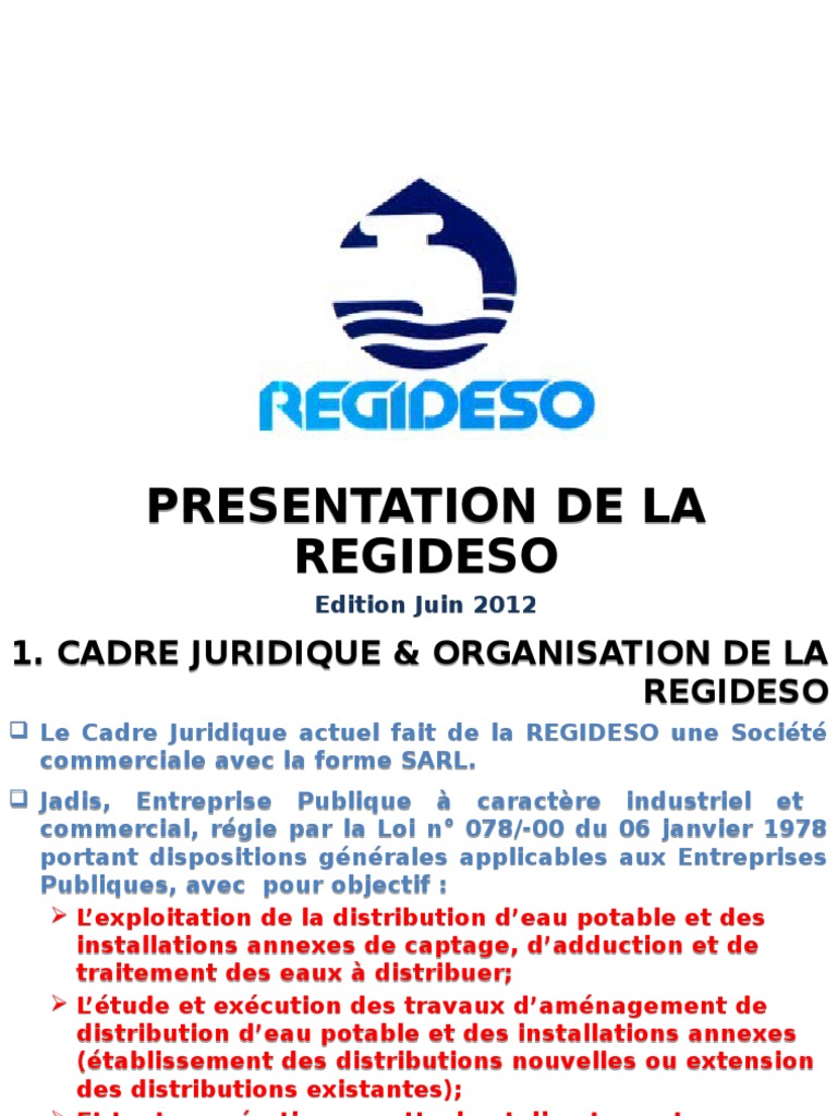Presentation de La Societe REGIDESO Juin 2012 | PDF | Kinshasa | Business