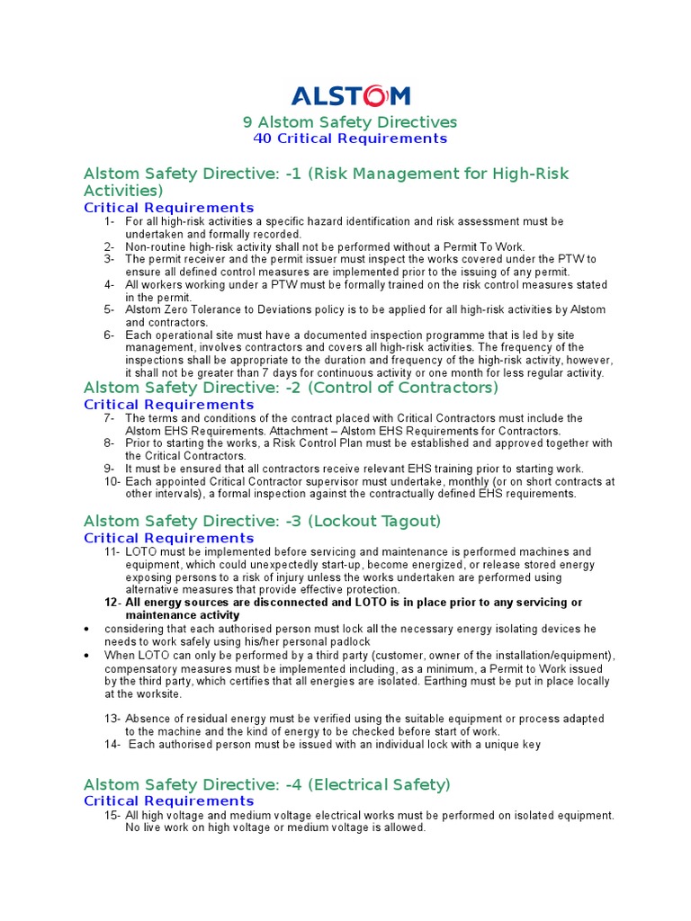 40 Critical Requirements of 9 Alstom Safety Directives | Safety | Road ...