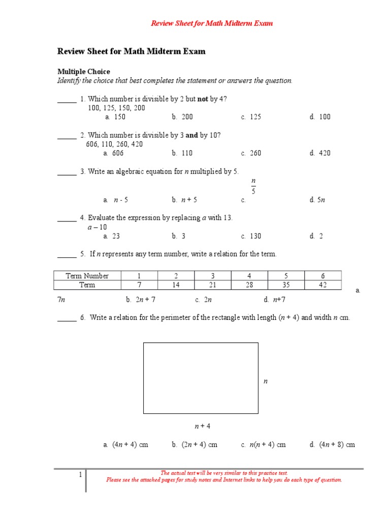 Math Midterm Exam Review Sheet | PDF | Fraction (Mathematics ...