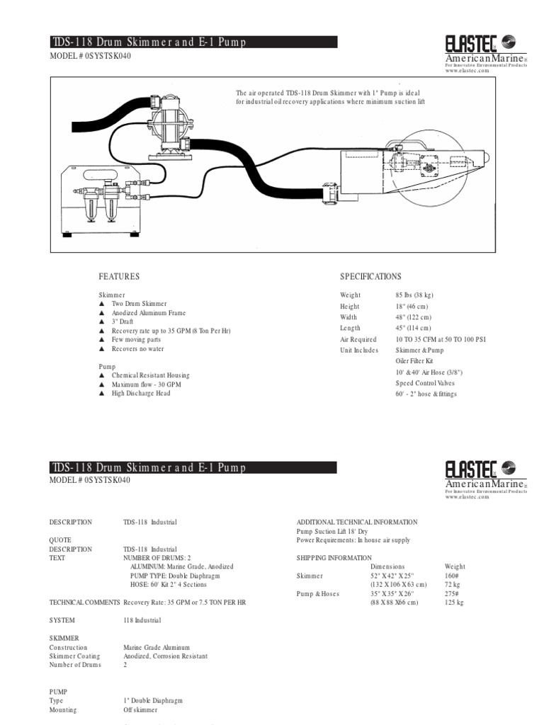 Elastec TDS-118 Skimmer Brochure | PDF | Oil Tanker | Pump