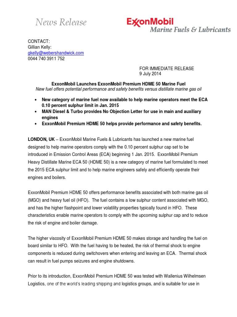 ExxonMobil Launches HDME 50 Marine Fuel | PDF | Fuel Oil | Industries