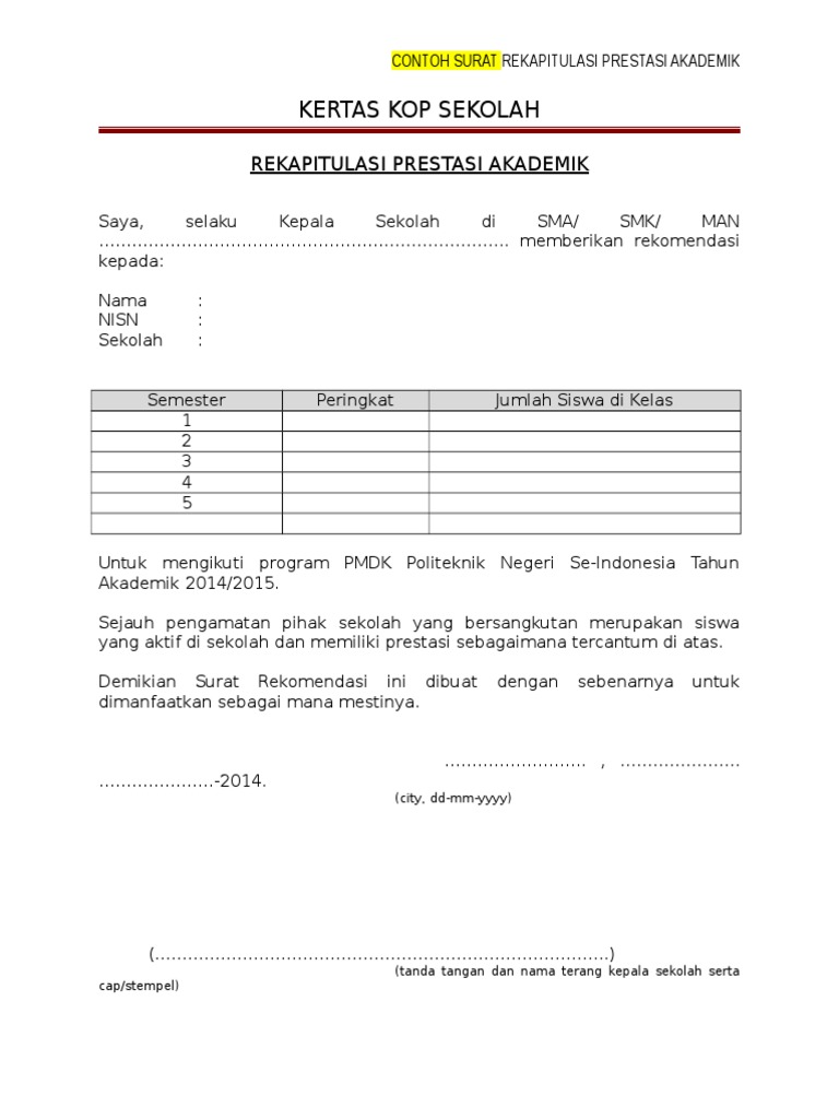 Surat Rekapitulasi Prestasi Akademik | PDF