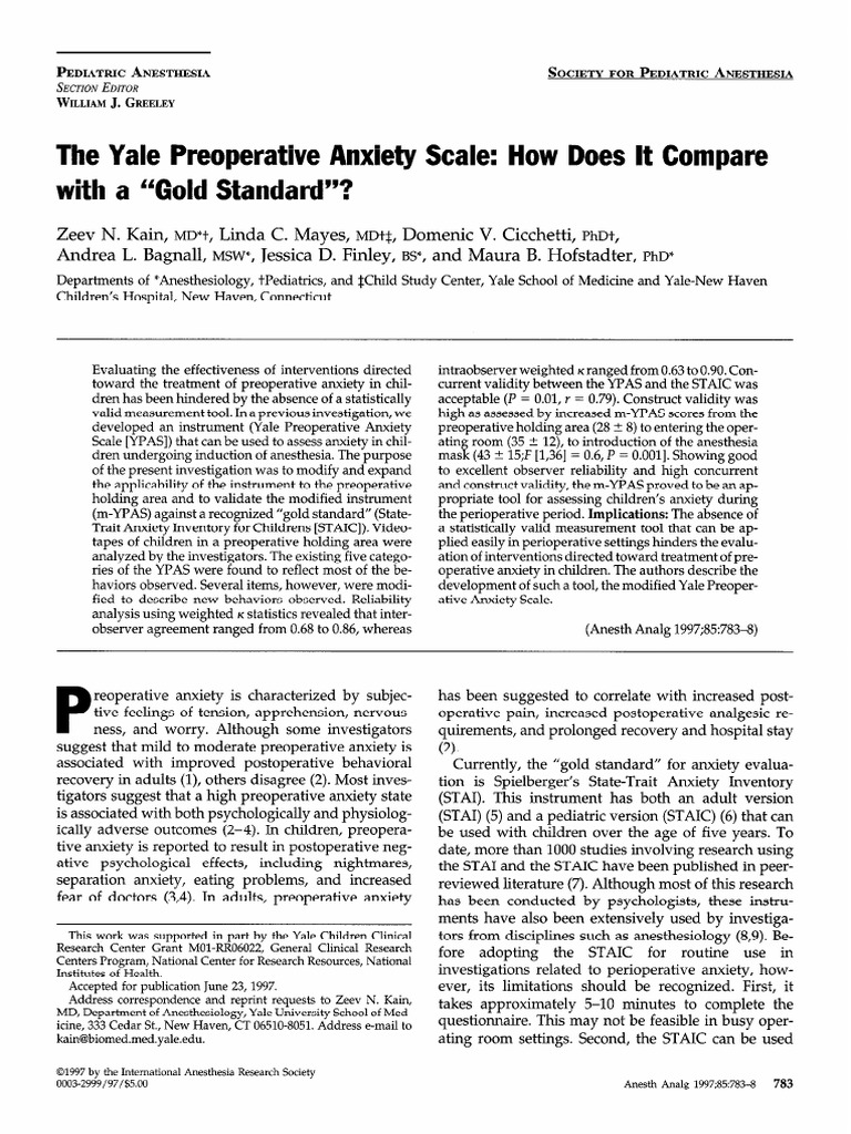 The Yale Preoperative Anxiety Scale How Does It. | PDF | Sensitivity ...