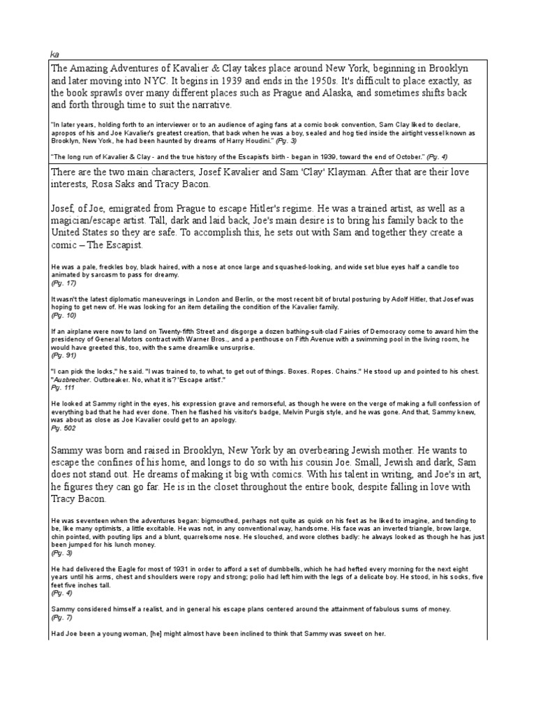 The Amazing Adventures of Kavalier and Clay Book Report | PDF | Leisure