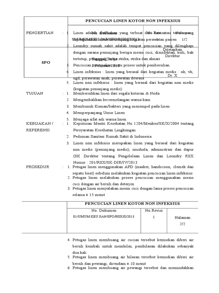 SPO Pencucian Linen NON Infeksius - Fix | PDF