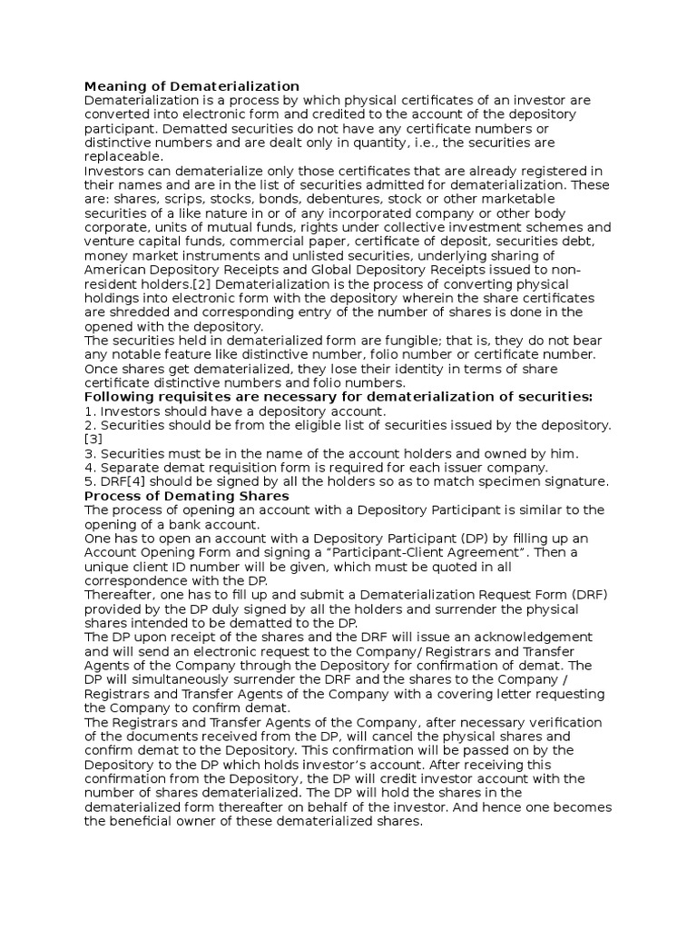 Meaning of Dematerialization | PDF | Securities (Finance) | Economic ...