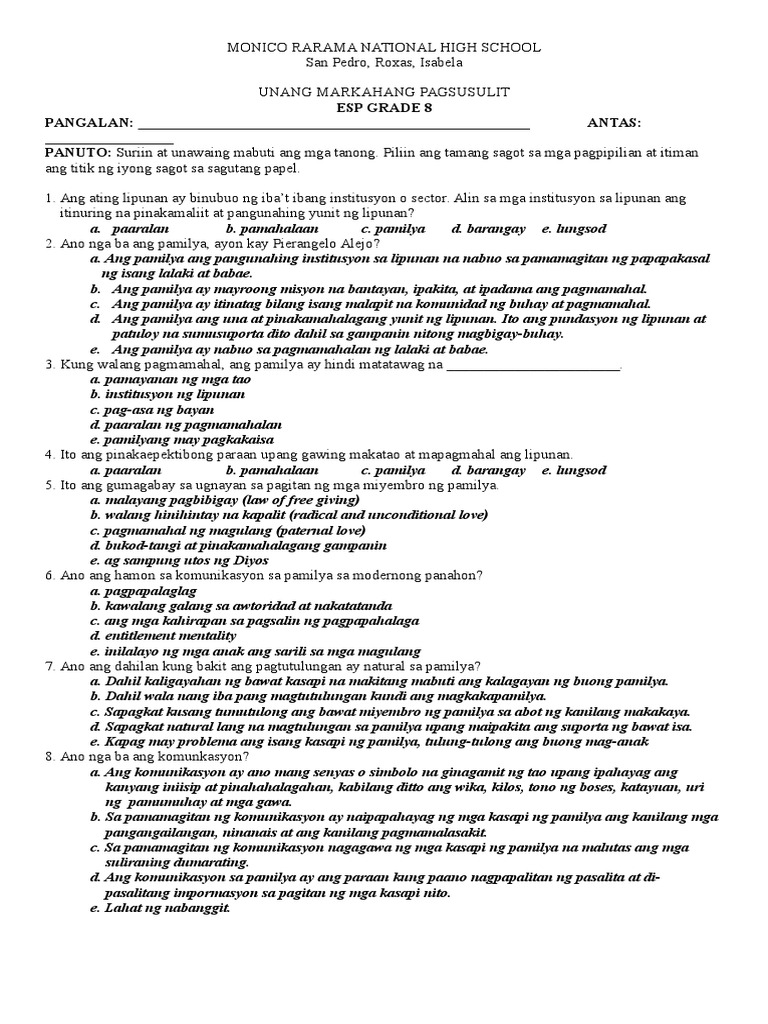 Esp Grade 8 1st Quarter Examination | PDF