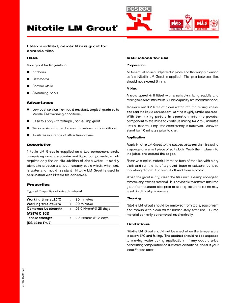 Nitotile LM Grout | PDF | Tile | Concrete