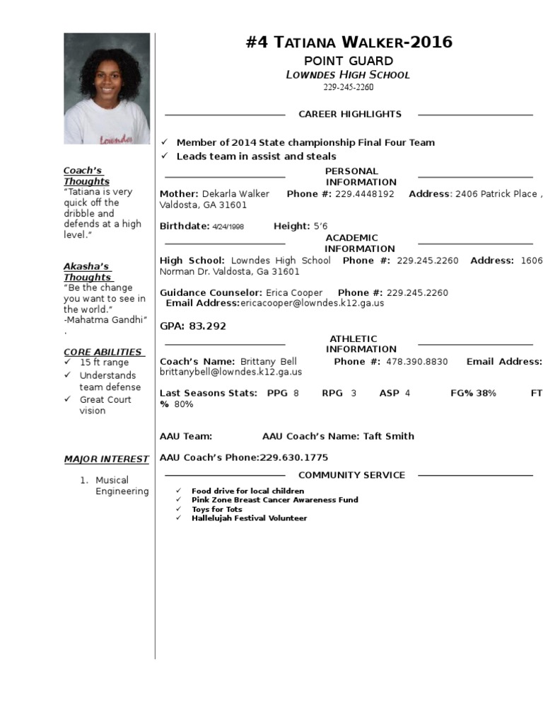 Tatiana Walker: Athletic Profile 2016 | PDF | Sports & Recreation