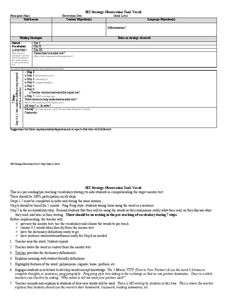 SEI Vocabulary Strategy Observation Tool | PDF | Vocabulary | Mentorship