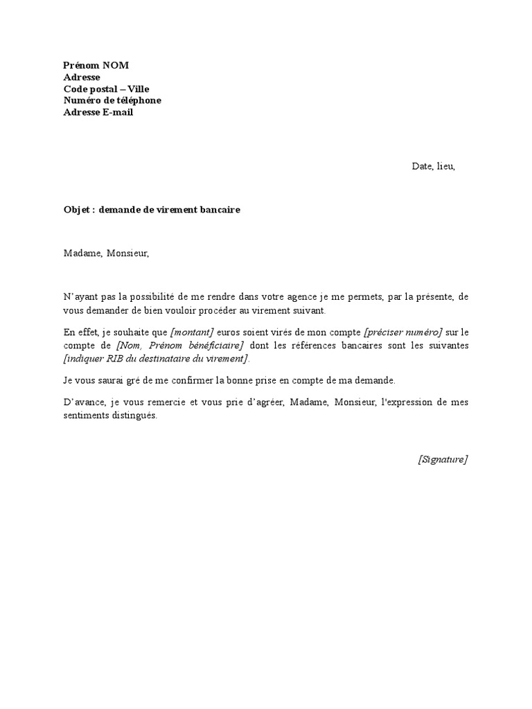 Lettre Demande Virement Bancaire | PDF | Virement bancaire | Bancaire