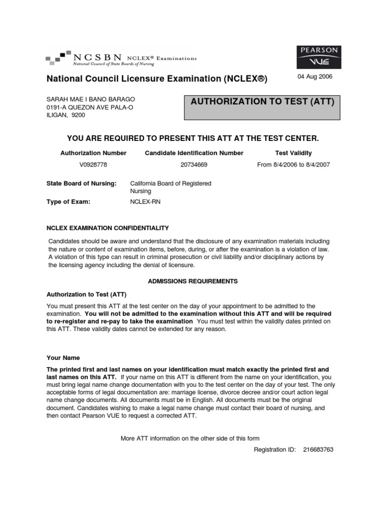Authorization To Test | PDF | National Council Licensure Examination ...