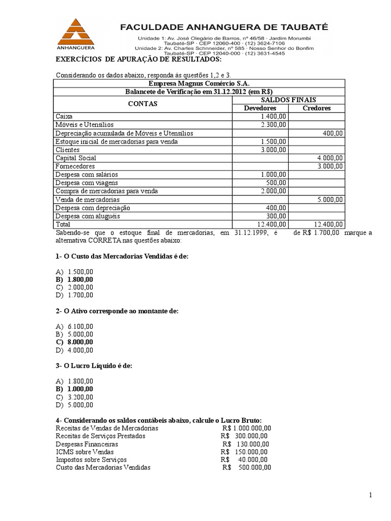 Exercícios de Apuração de Resultado-Professor | PDF | Lucro (economia ...