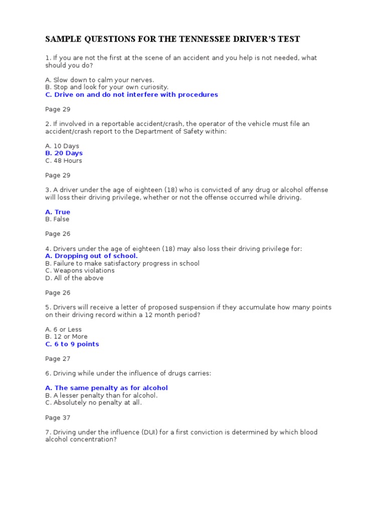 TN Driving LearnerPermit Questions | PDF | Driving Under The Influence ...