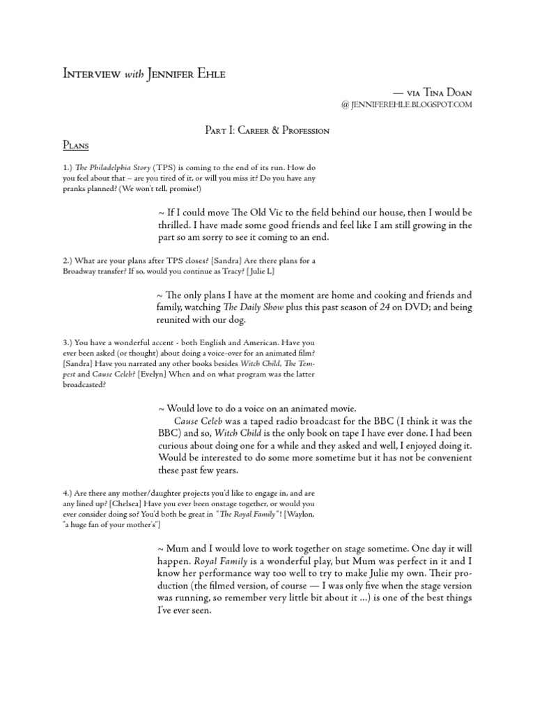 Jennifer Ehle Fan Interview - Part 1 | PDF | Actor | Theatre