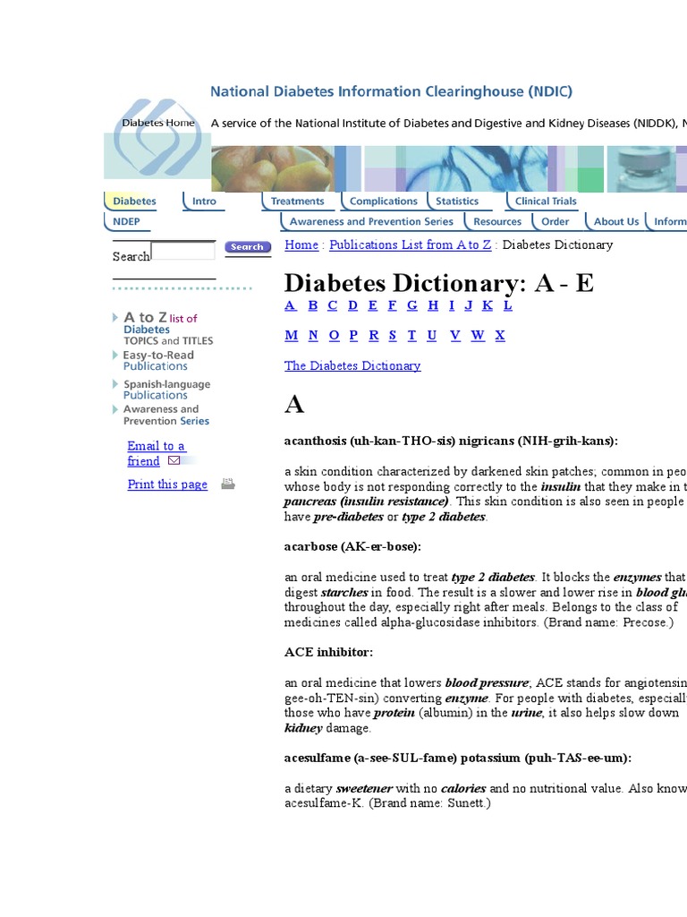 Diabetes Dictionary: A - E: Home Publications List From A To Z | PDF ...