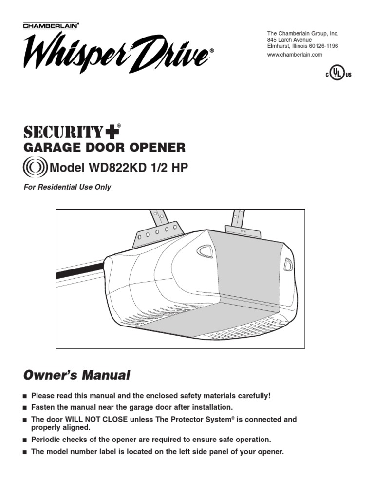 Garage Door Opener Chamberlain Whisper Drive WD822KD | PDF | Screw | Door