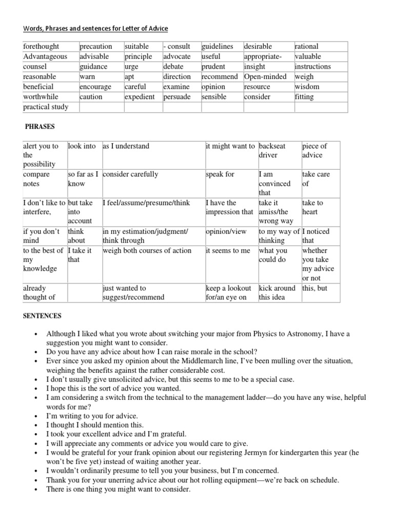 Words, Phrases and Sentences For Letter of Advice | PDF | Advice ...