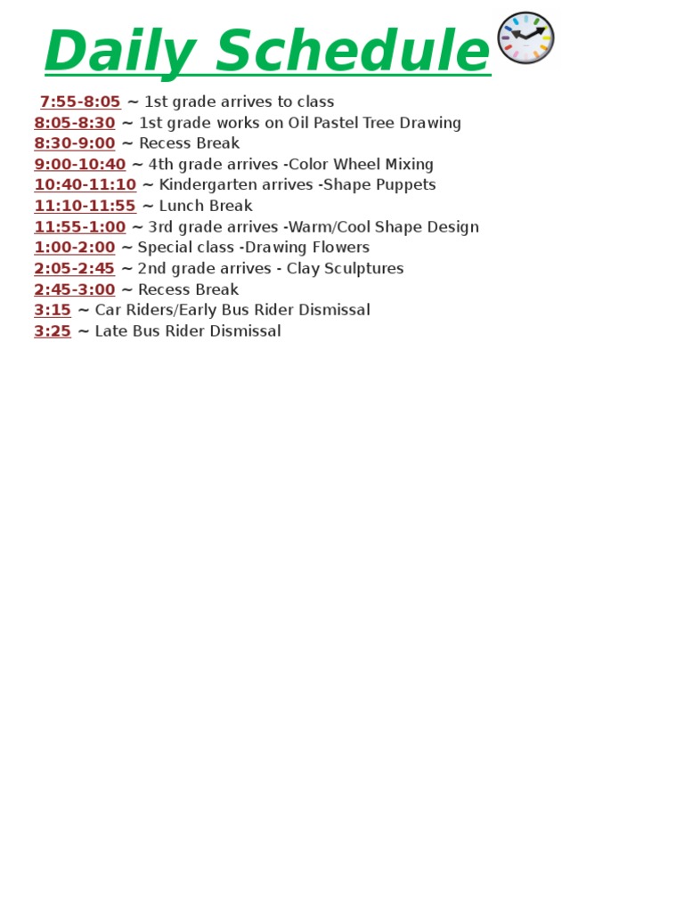 Daily Art Class Schedule Overview | PDF