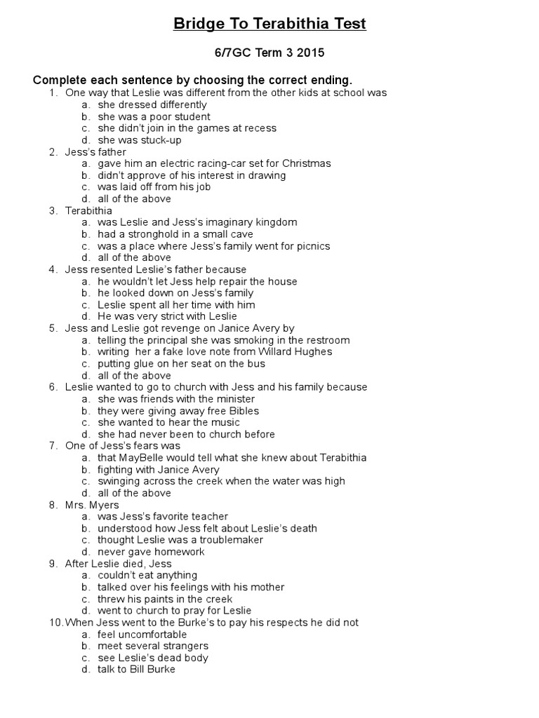 End of Book Test Bridge To Terabithia | PDF | Leisure
