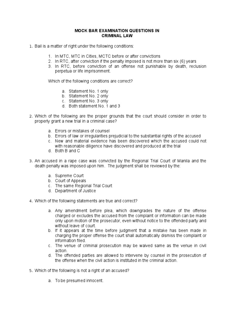 Mock Bar Examination Questions in Criminal Law | PDF | Bail | Virtue