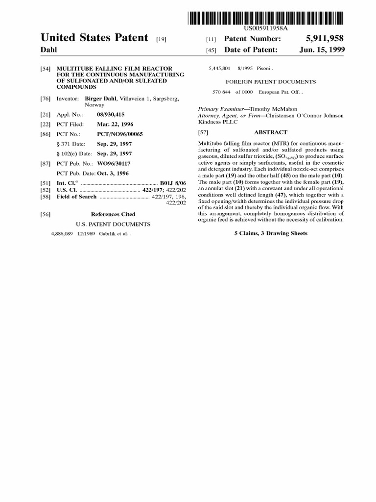 US5911958 (Multitube Falling Film Reactor For The Continuous ...
