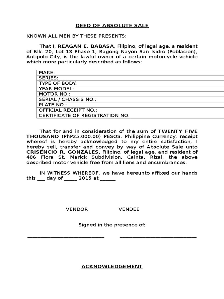Deed of Sale - Personal Property | PDF