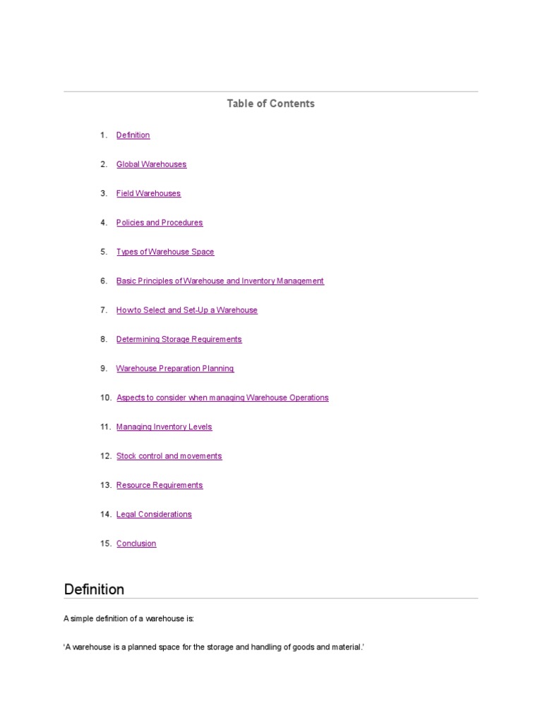 Table of Contents Warehouse | PDF | Warehouse | Inventory