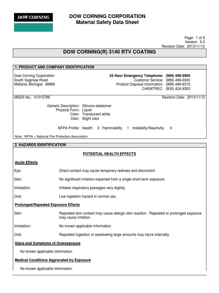 3140 RTV Coating MSDS | PDF | Personal Protective Equipment | Toxicity