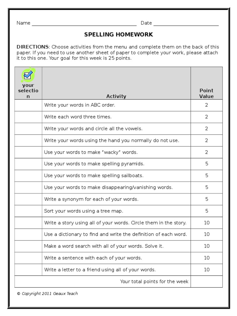 Spelling Homework | PDF | Language Arts & Discipline | Home & Garden