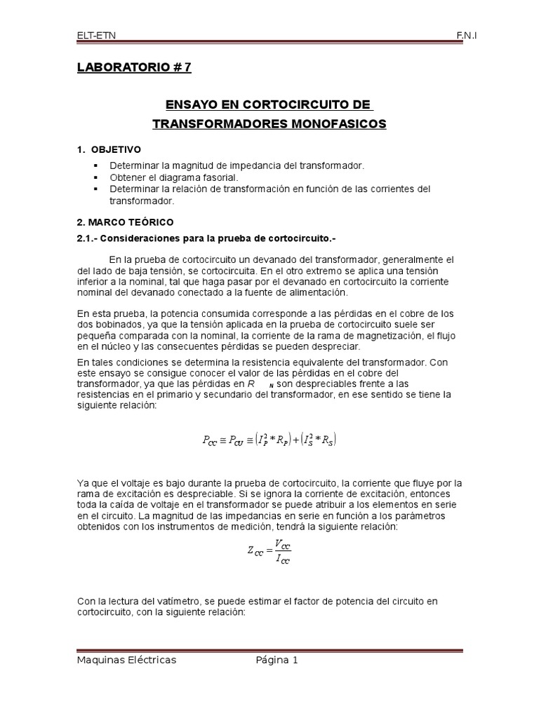 Ensayo en Cortocircuito de Transformadores Monofasicos | PDF | Transformador | Corriente eléctrica
