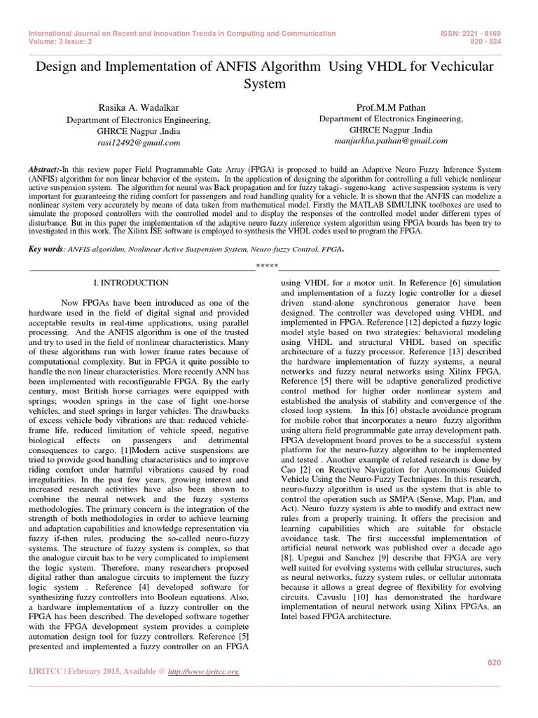 Design And Implementation Of Anfis Algorithm Using Vhdl For Vechicular System Pdf Field